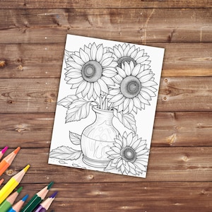 37 Sunflowers Coloring Book, Grayscale Sunflower Coloring Pages for ...