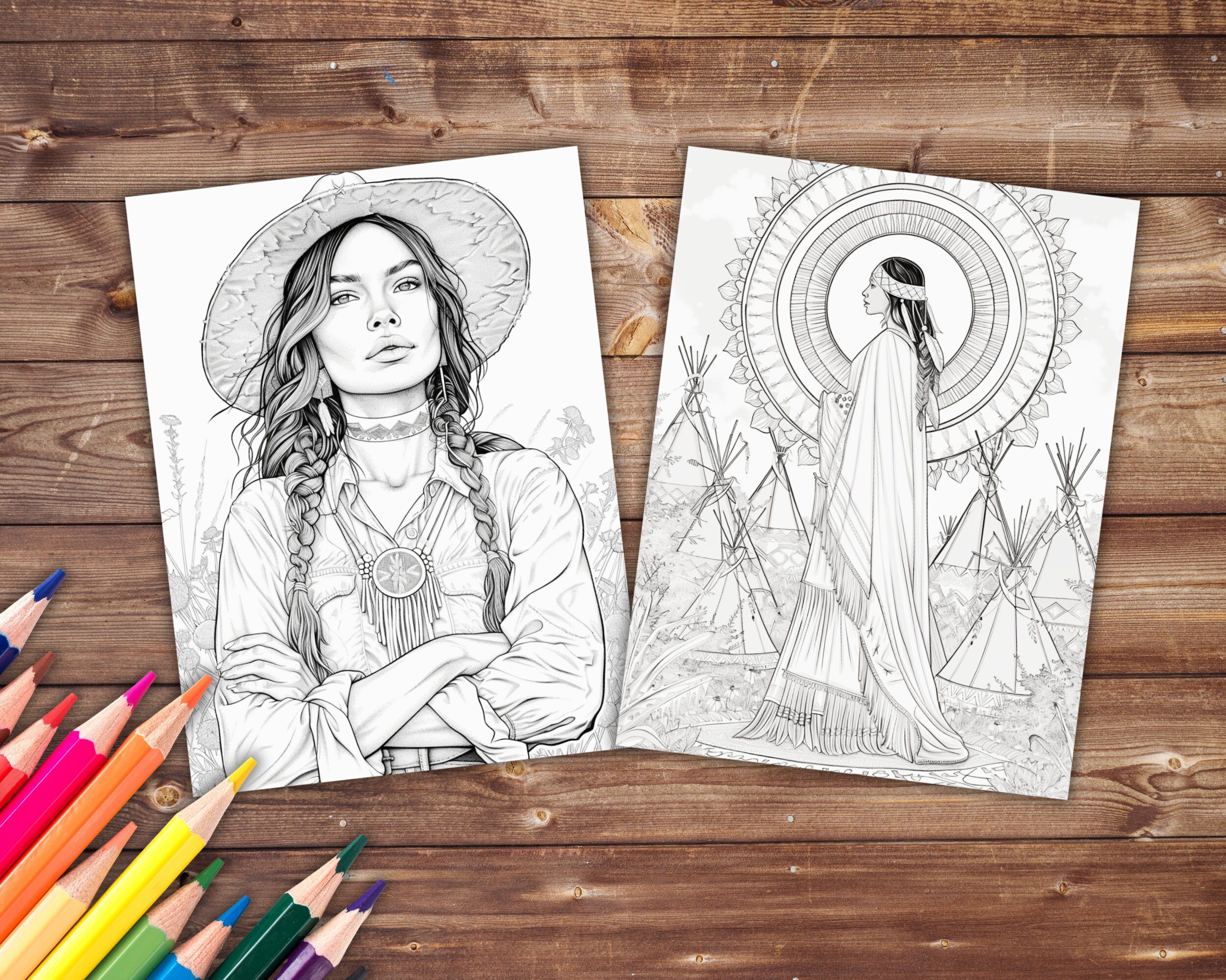 40 Native American Women Coloring Book, Grayscale Fantasy Beautiful ...