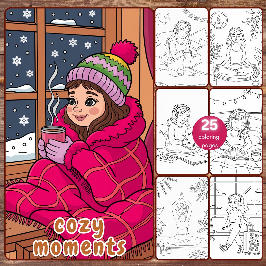 25 Cozy Moments Coloring Book, Easy Bold Cozy Girl Moments Coloring ...