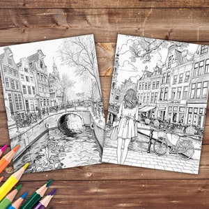 30 Amsterdam Coloring Book, Grayscale Netherlands Coloring Pages for ...