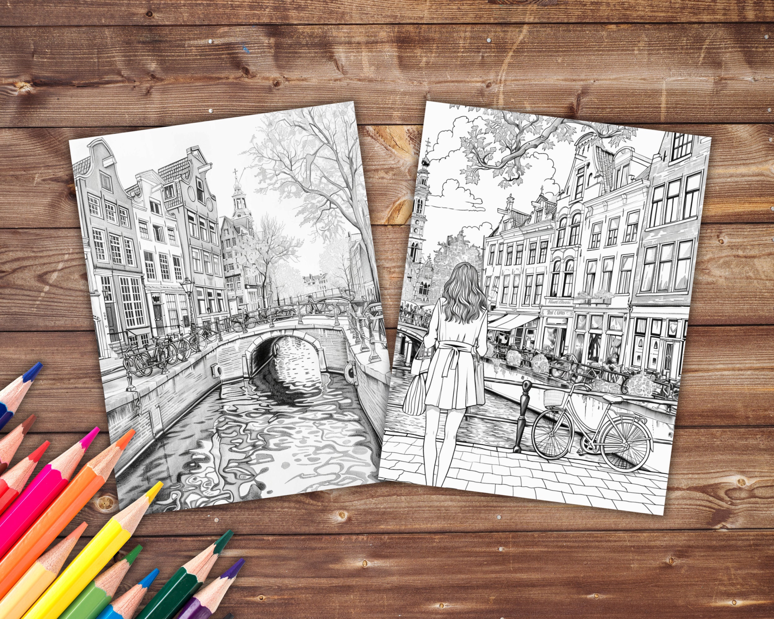 30 Amsterdam Coloring Book, Grayscale Netherlands Coloring Pages for ...