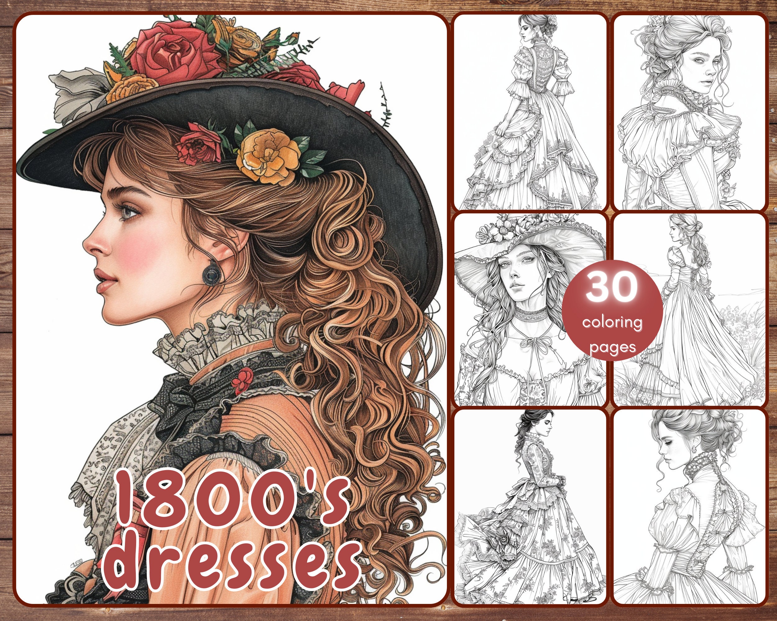 30 1800's Dresses Coloring Book, Grayscale Victorian Women Coloring ...