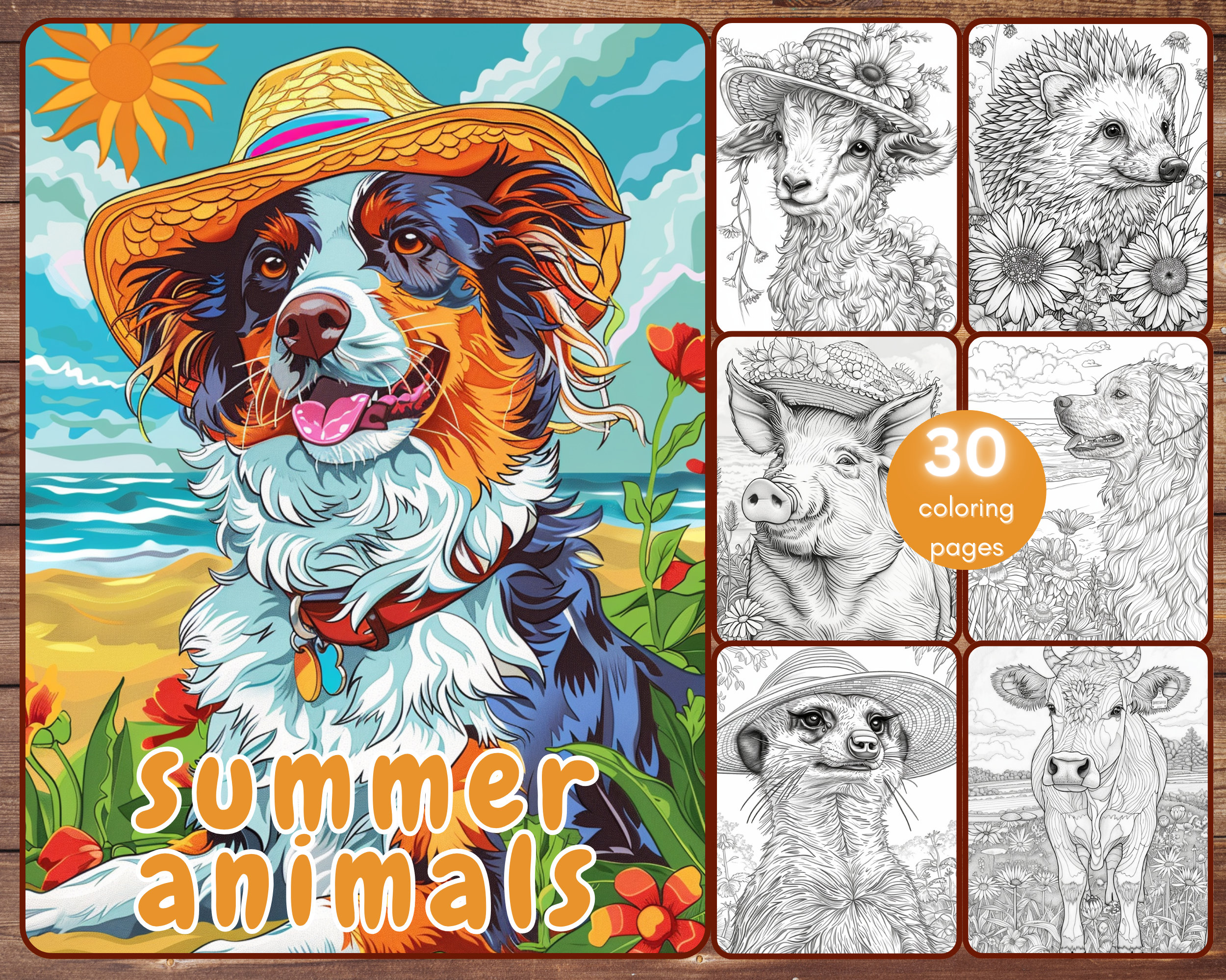 30 Summer Animals Coloring Book, Grayscale Animals and Flowers Coloring ...