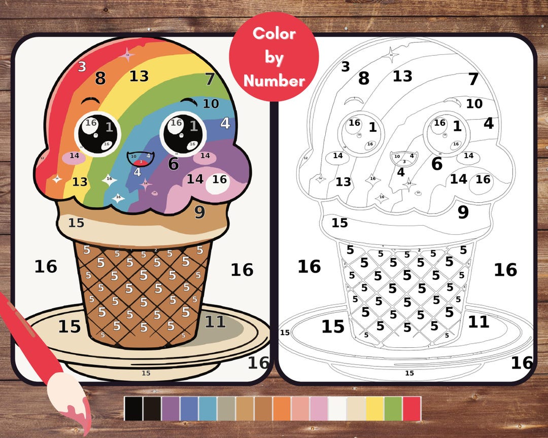 Food Kawaii Color by Number, Easy Rainbow Ice Cream Cone Paint by ...