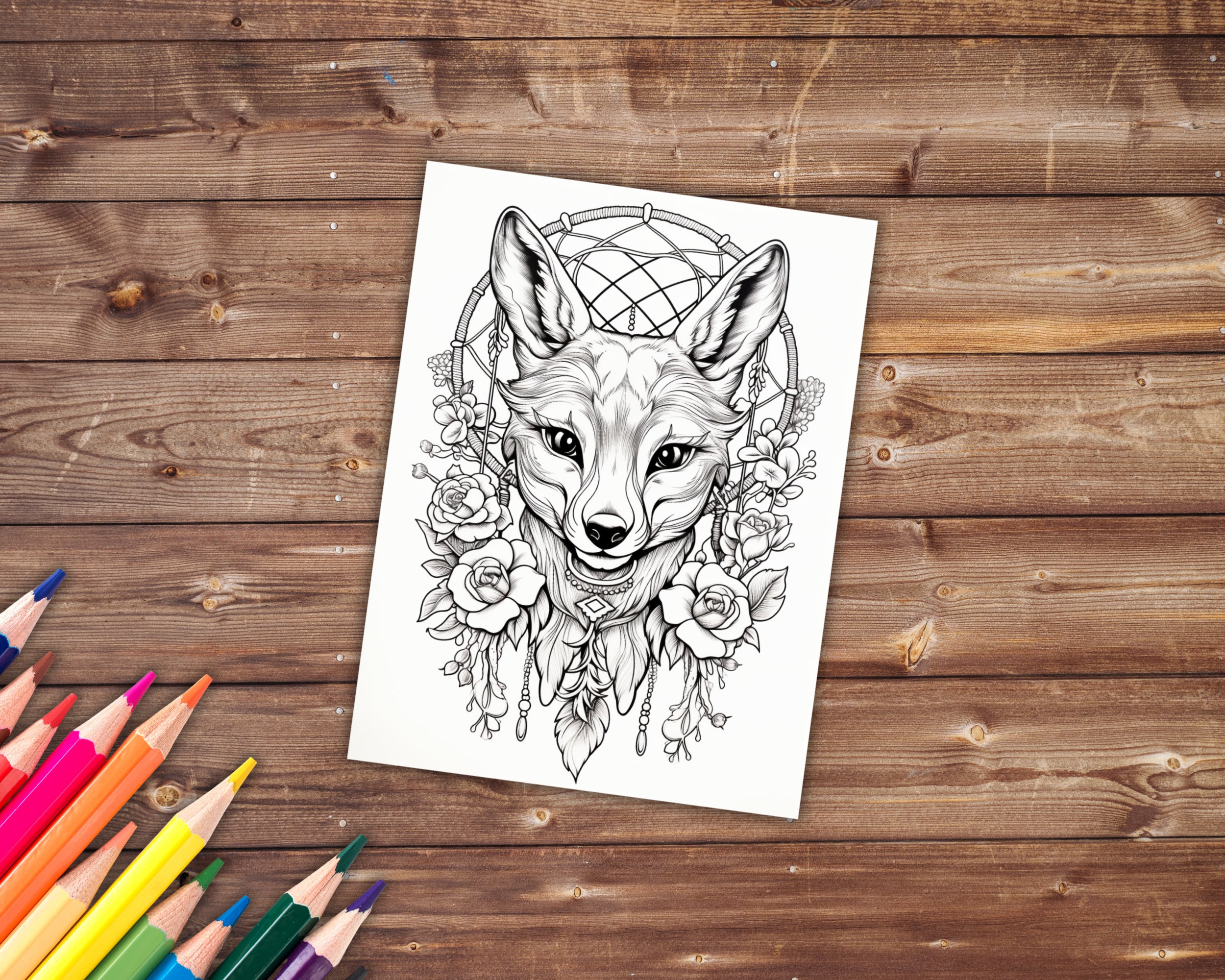 35 Dreamcatcher Animals Coloring Book, Grayscale Fantasy Animals and ...