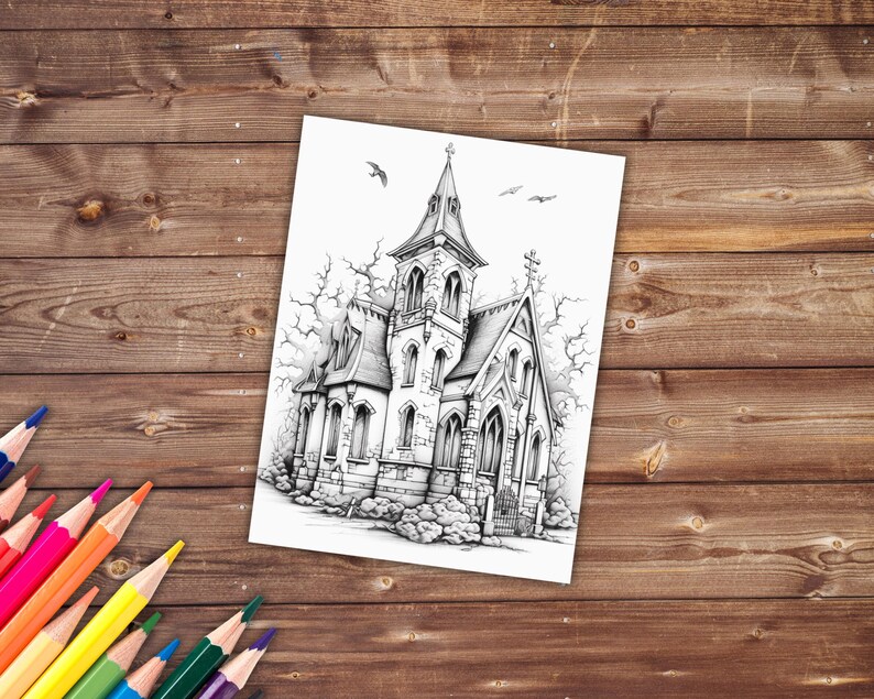 30 Gothic Houses Coloring Book, Grayscale Haunted House Coloring Pages ...