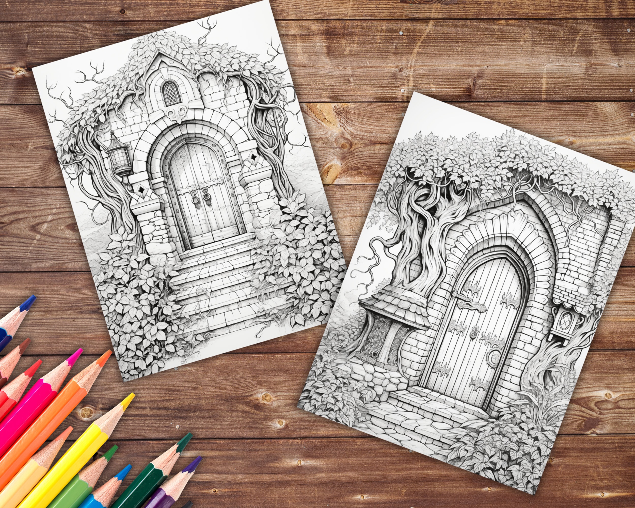 30 Magical Doors Coloring Book, Grayscale Fantasy Secret Doors Coloring ...
