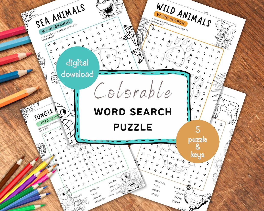 5 Colorable Animal Word Search Puzzle, Printable Animal Puzzle, Easy ...
