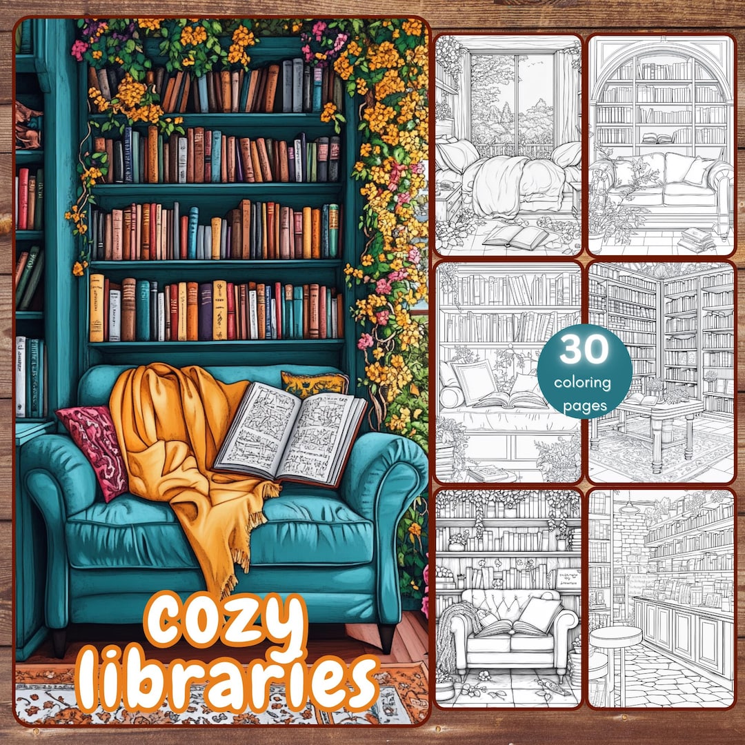 30 Cozy Libraries Coloring Book, Grayscale Library Coloring Pages for ...