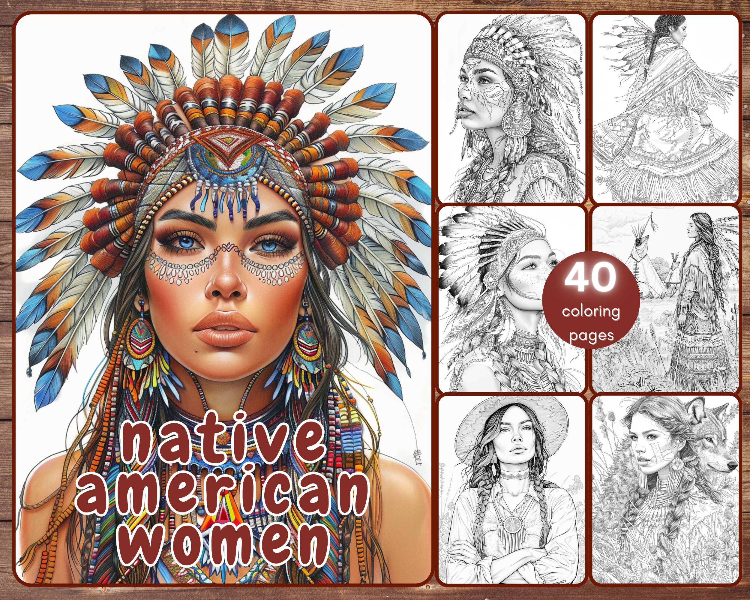 40 Native American Women Coloring Book, Grayscale Fantasy Beautiful ...