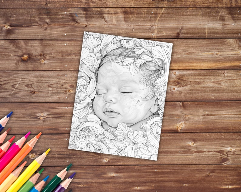 35 Cute Babies Coloring Book, Grayscale Newborn Babies and Flowers ...