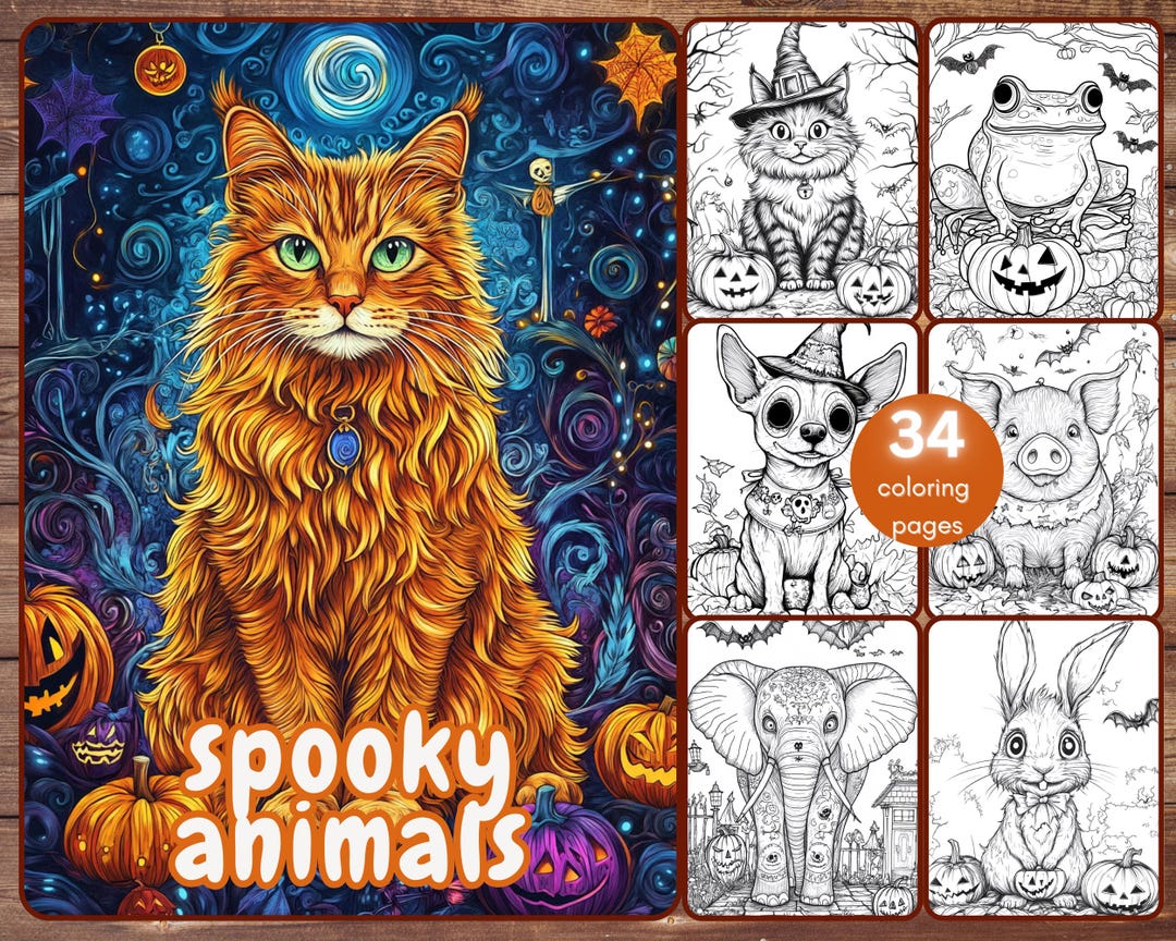 34 Spooky Animals Coloring Book, Grayscale Halloween Animals Coloring ...