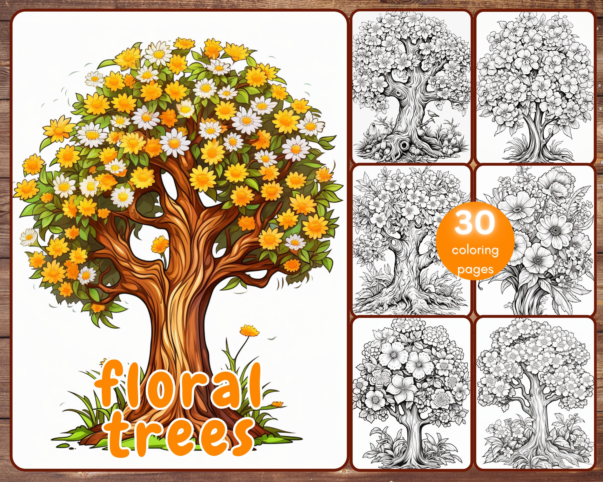 30 Floral Trees Coloring Book, Grayscale Fantasy Flower and Trees ...