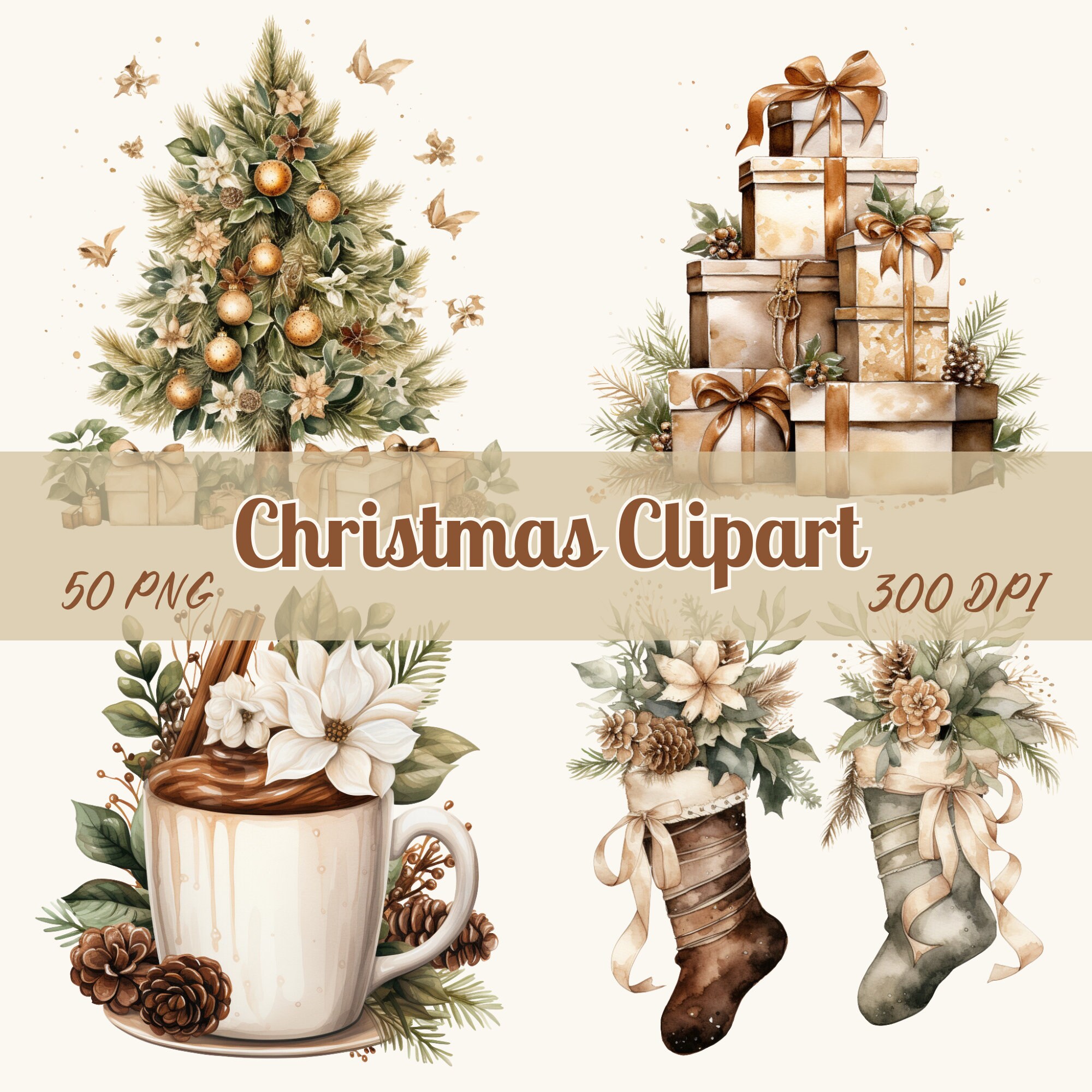 50 Christmas Clipart Bundle, Cozy Christmas, Neutral Color, Holiday ...