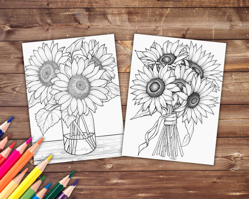 37 Sunflowers Coloring Book, Grayscale Sunflower Coloring Pages for ...