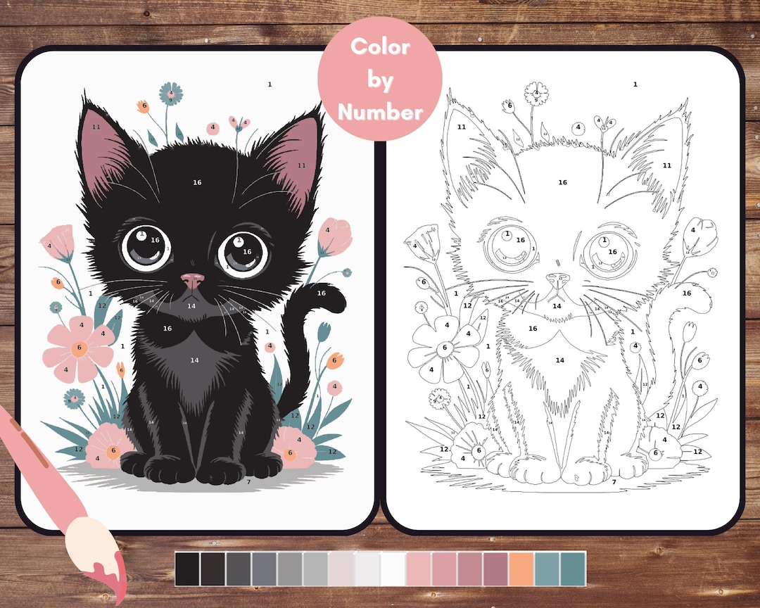 Black Cat Color by Number, Kawaii Cat Paint by Number, Printable ...