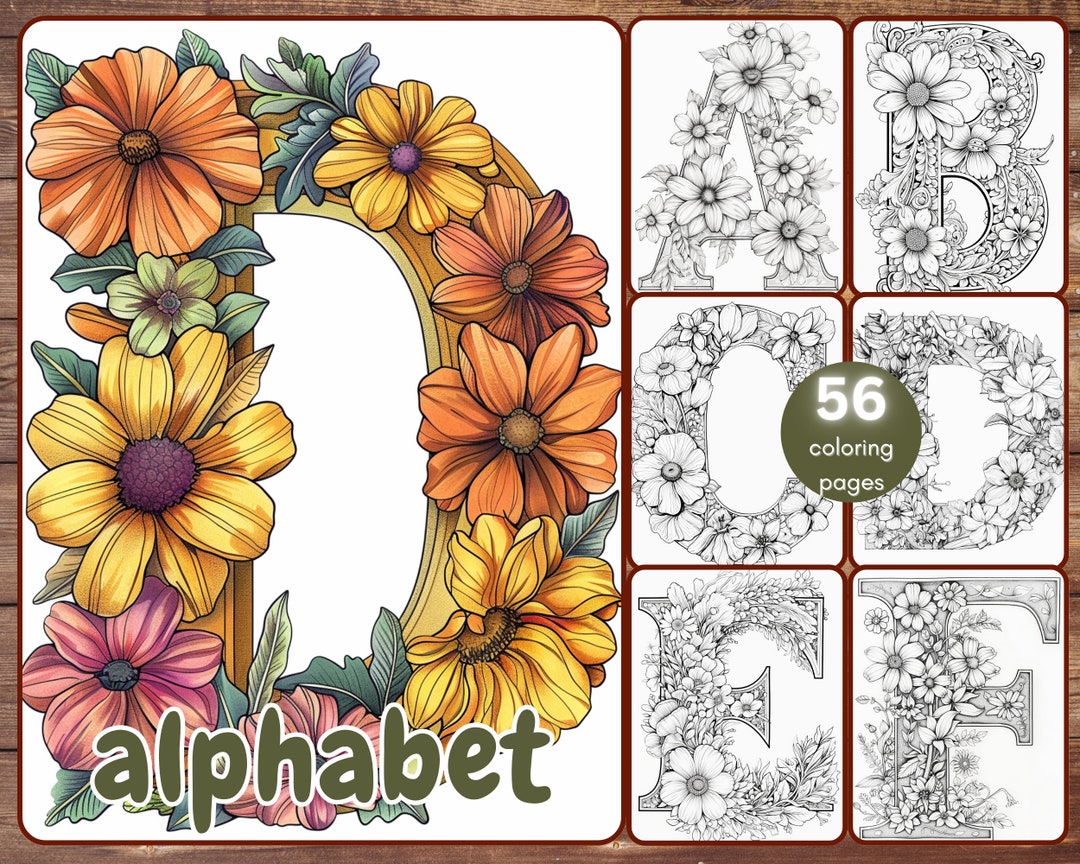 56 Alphabet Coloring Book, Grayscale Letters Coloring Pages for Adults ...