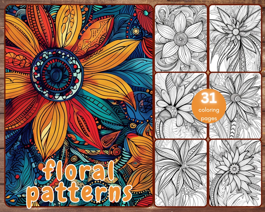 31 Flower Patterns Coloring Book, Abstract Floral Patterns Coloring ...