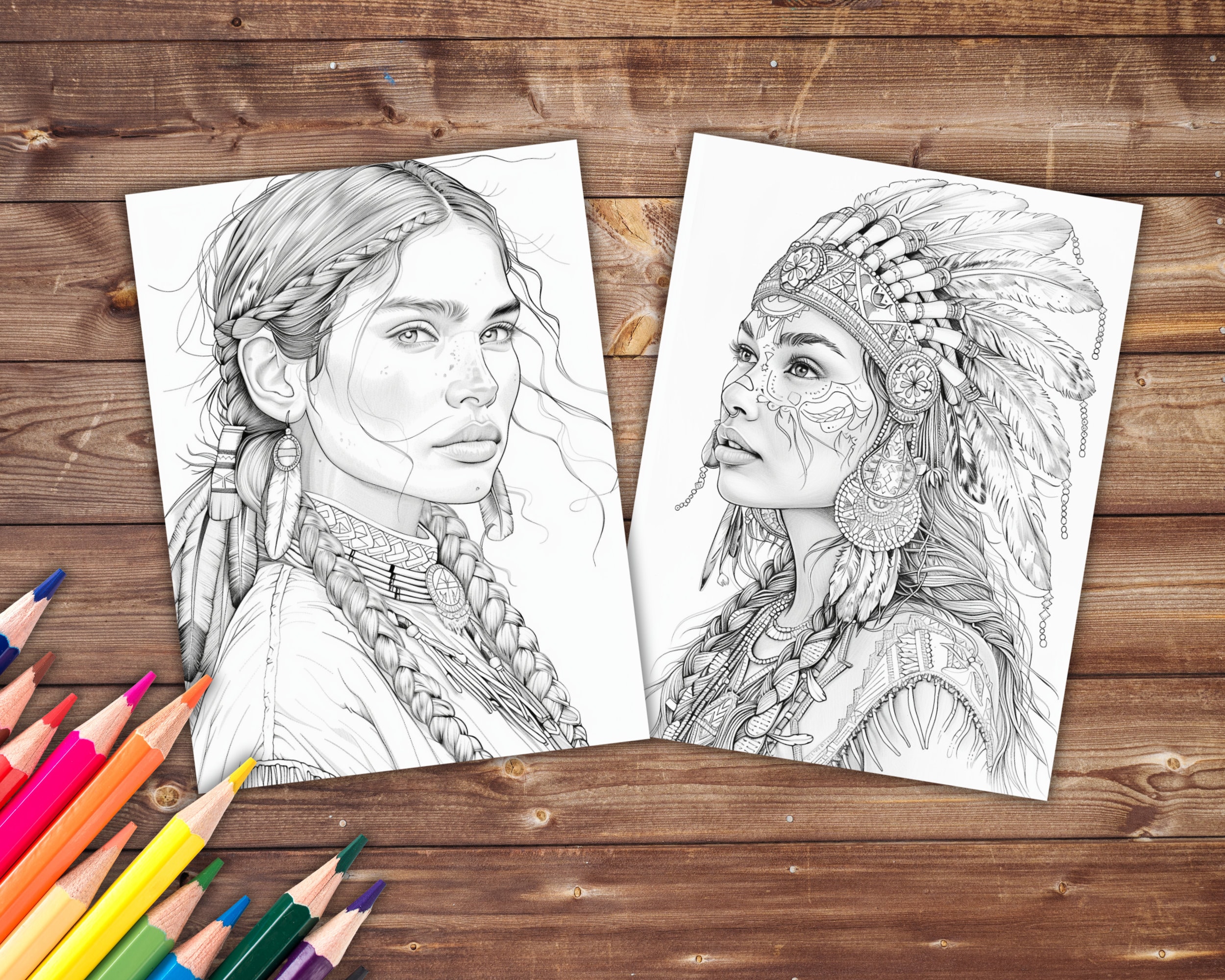 40 Native American Women Coloring Book, Grayscale Fantasy Beautiful ...