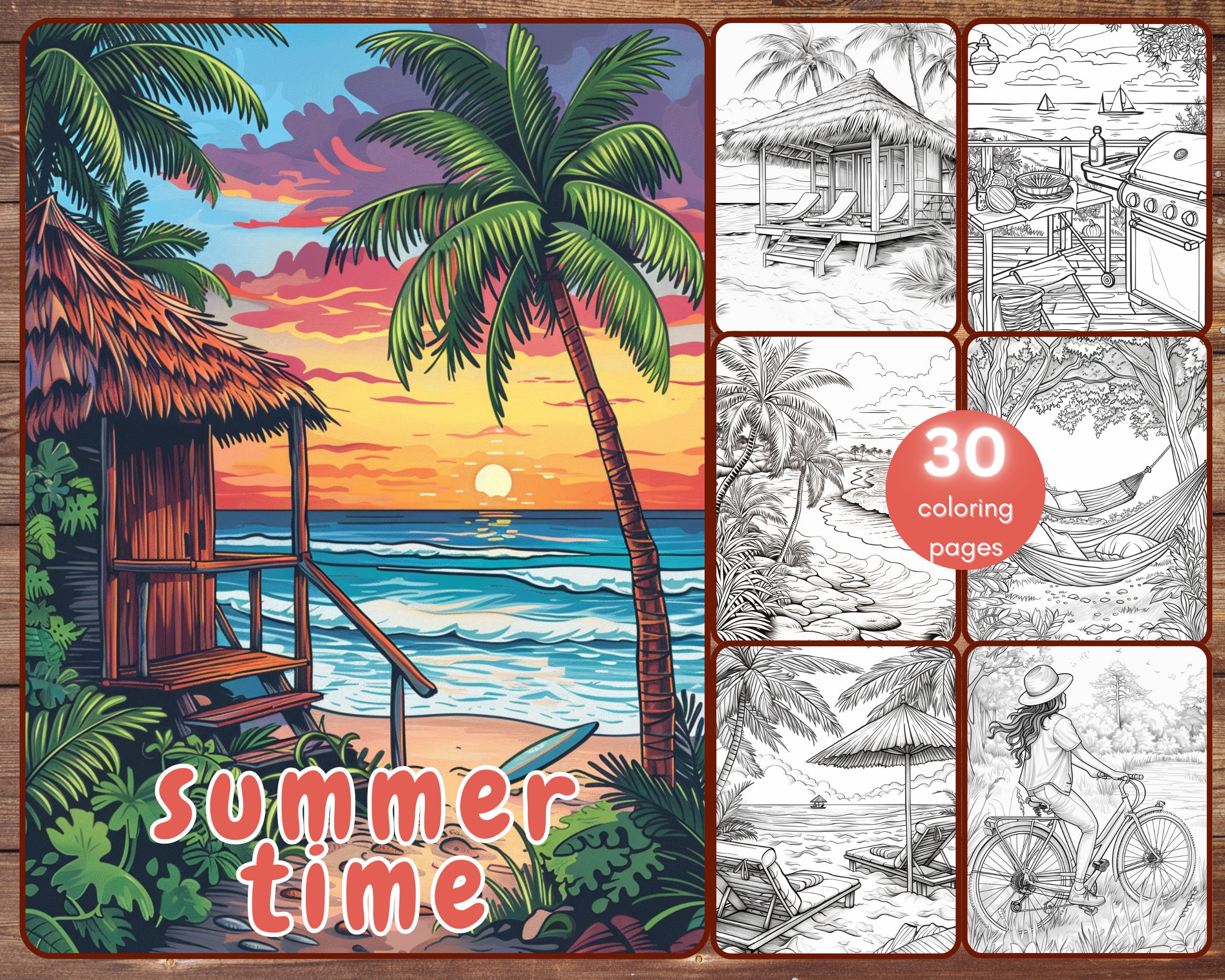 30 Summer Time Coloring Book, Grayscale Beach Coloring Pages for Adults ...