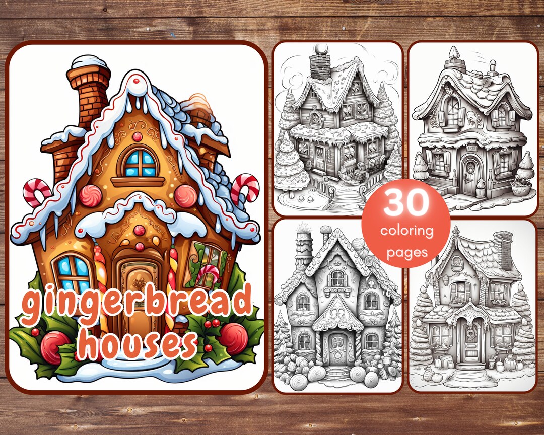 30 Gingerbread House Coloring Book, Grayscale Printable PDF Christmas ...
