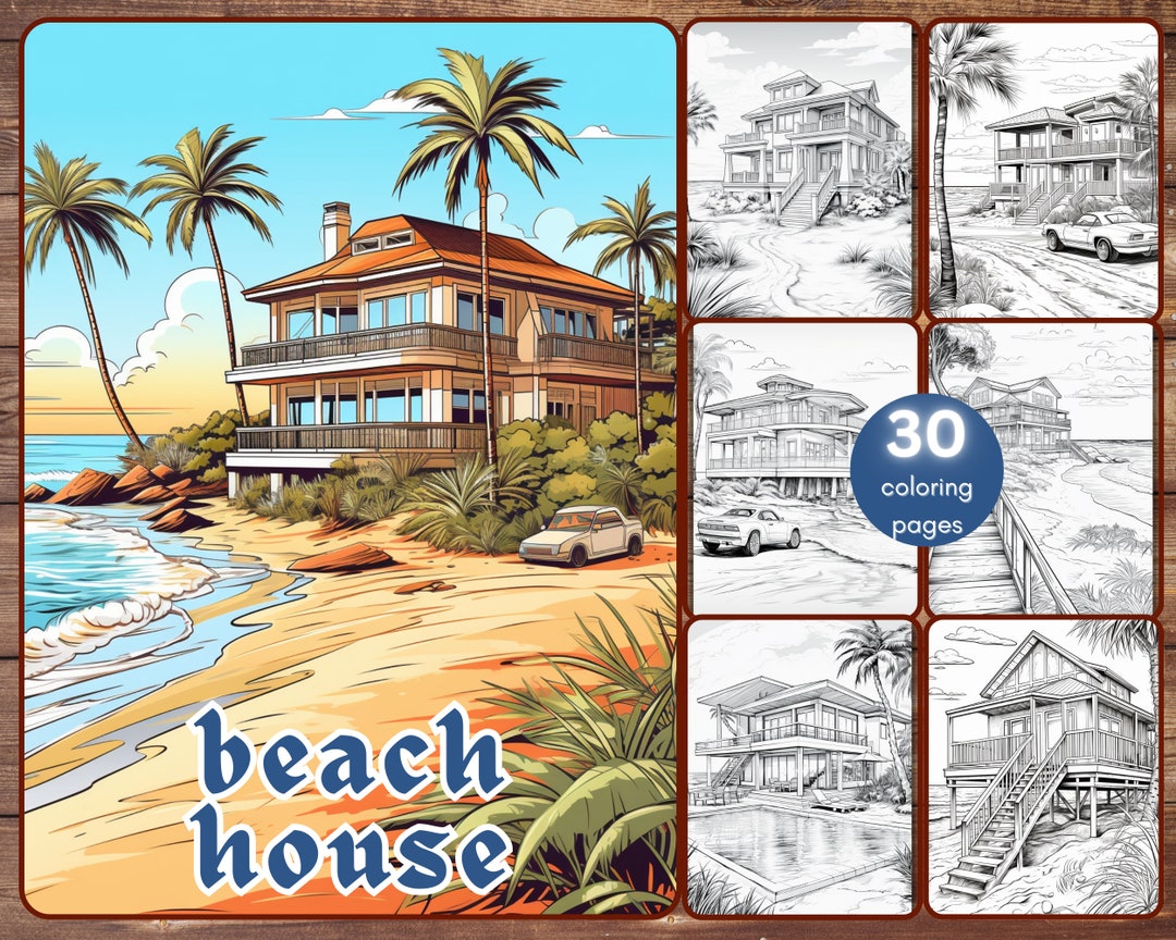 30 Beach House Coloring Book, Grayscale Dream House Coloring Pages for ...