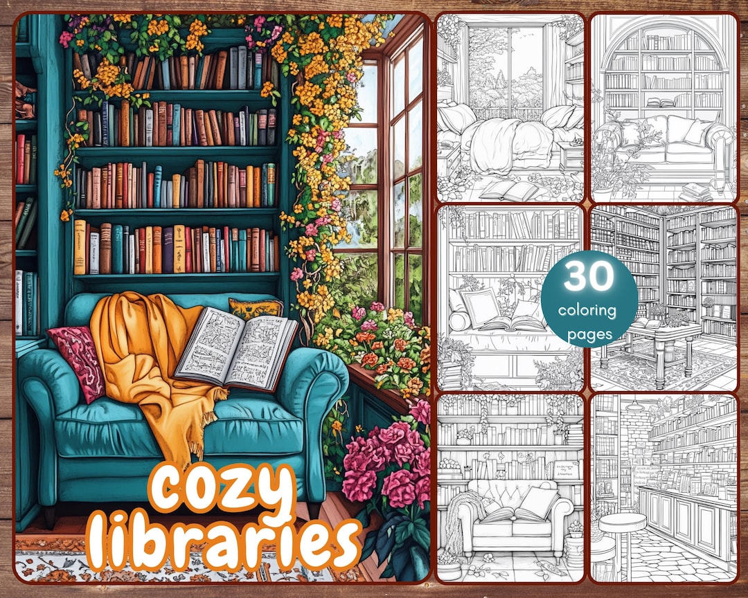 30 Cozy Libraries Coloring Book, Grayscale Library Coloring Pages for ...