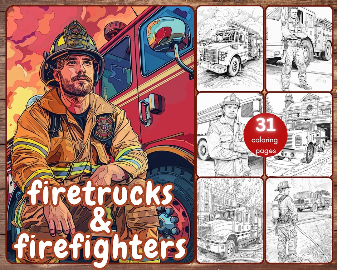 31 Firetrucks and Firefighters Coloring Book, Grayscale Trucks Coloring ...