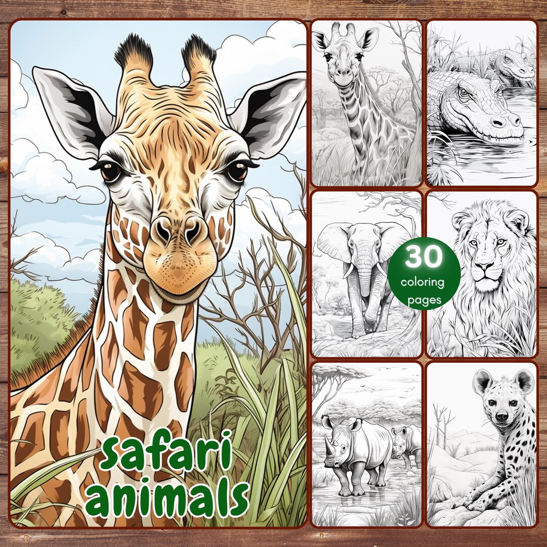 30 Safari Animals Coloring Pages, Grayscale Printable PDF African ...