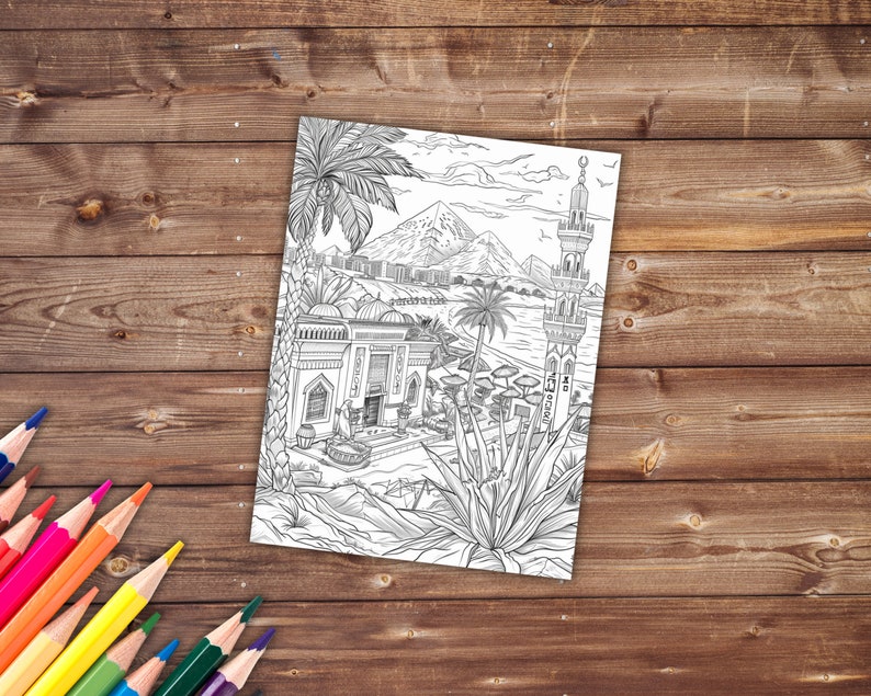 30 Ancient Egypt Coloring Book, Grayscale Pyramids Coloring Pages for ...