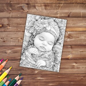 35 Cute Babies Coloring Book, Grayscale Newborn Babies and Flowers ...