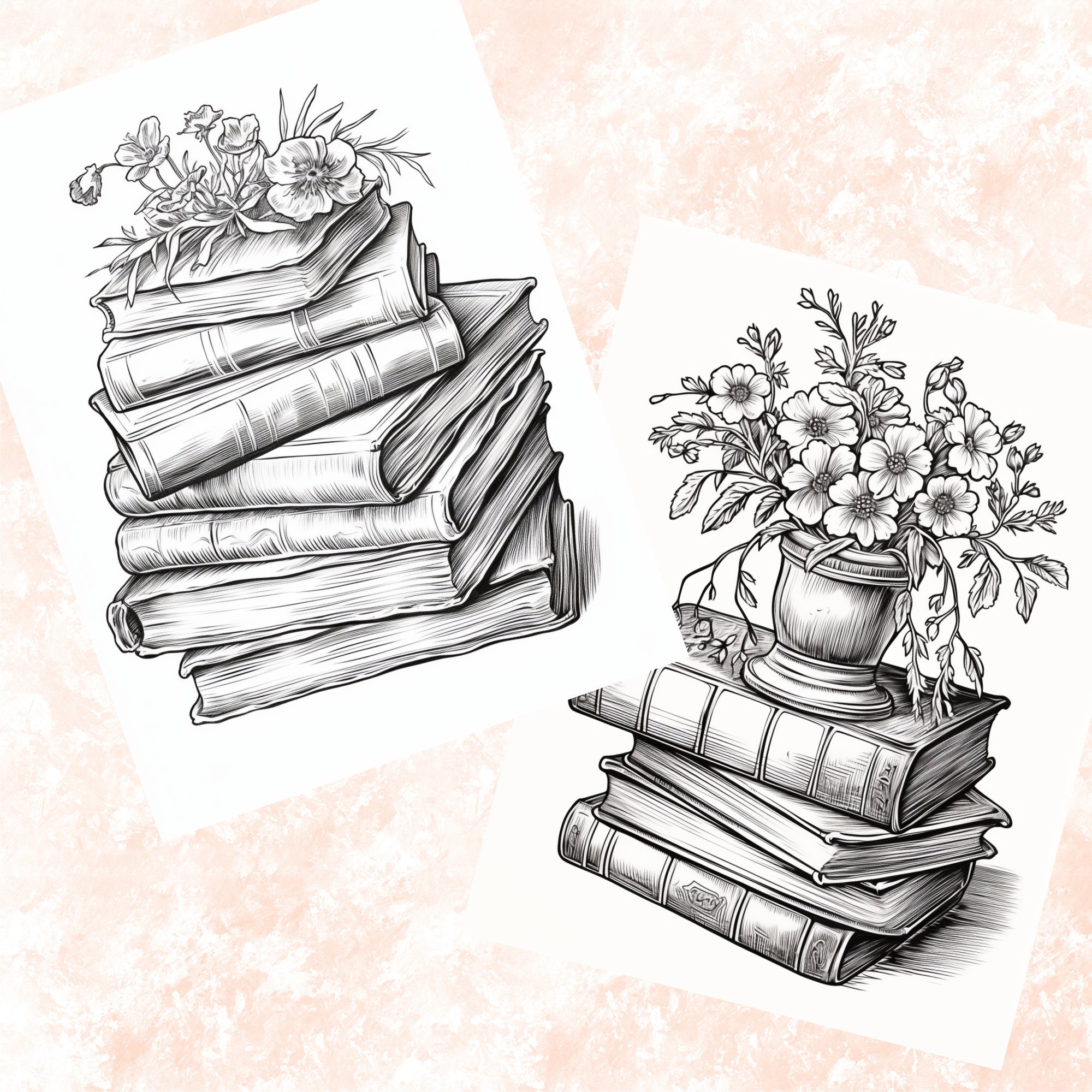 30 Books and Flowers Coloring Book, Grayscale Fantasy Floral Books ...