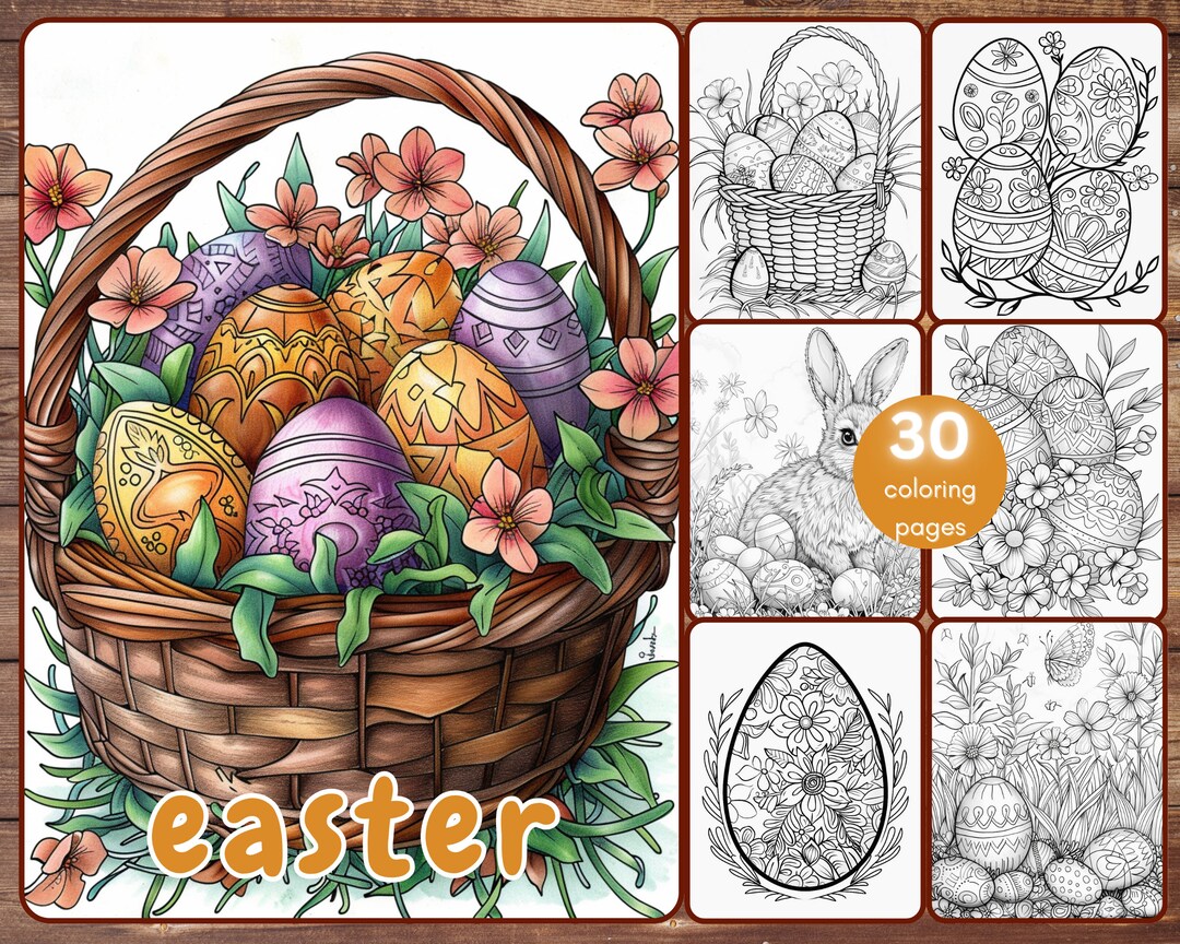 30 Easter Eggs Coloring Book, Grayscale Easter Bunnies Coloring Pages ...