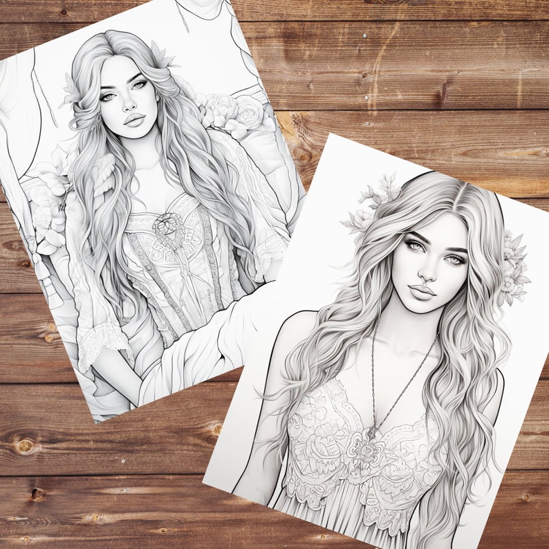 30 Bohemian Beauties Coloring Book, Grayscale Fantasy Beautiful Women ...
