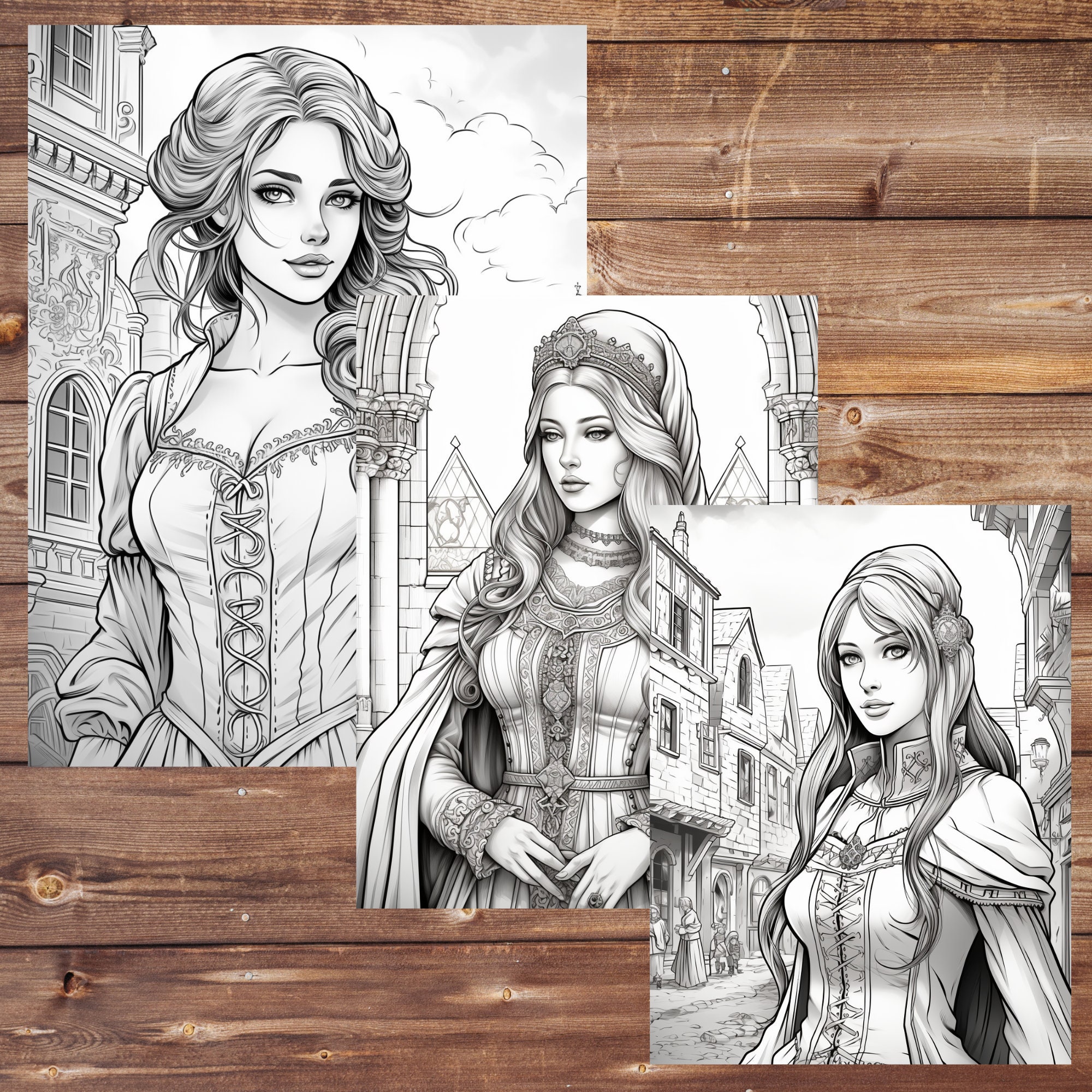 30 Medieval Women Coloring Book, Grayscale Printable Beautiful Women ...
