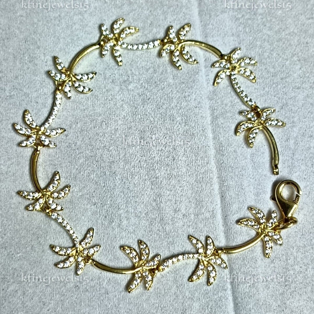Round Cut Diamond Palm Tree Bracelet for Women's 14K Yellow Gold ...