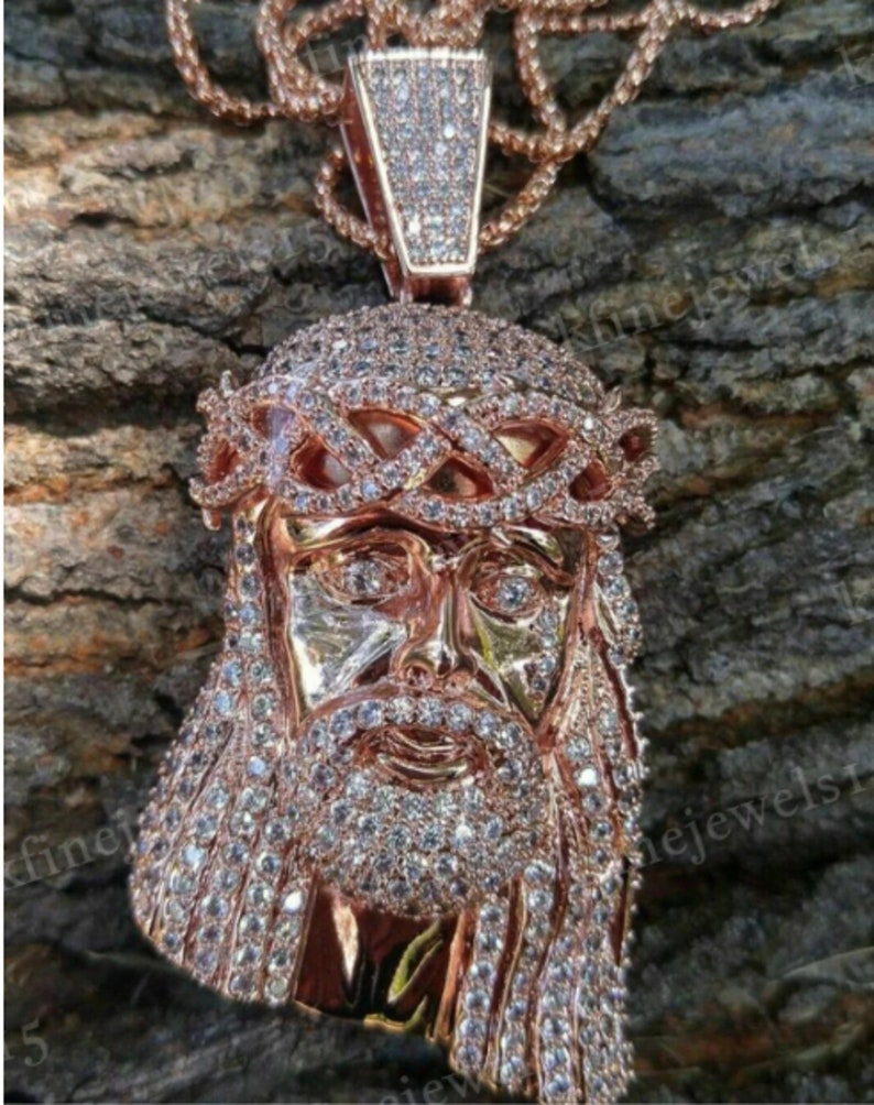 Iced Men's Jesus Face Pendant 14K Rose Gold Over, 2.30CT Round Cut ...