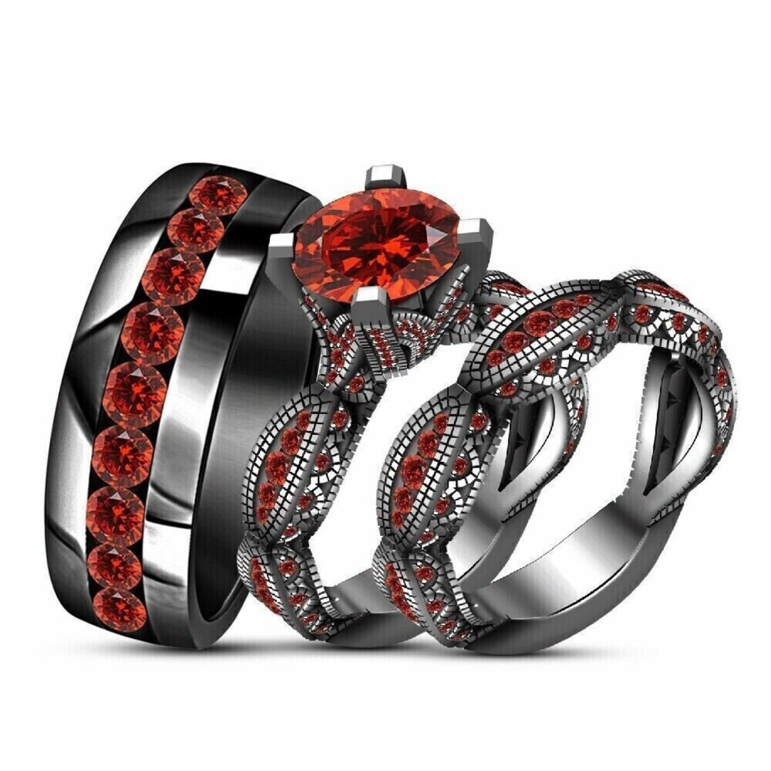 Bridal Engagement Ring Set Round Lab-created Ruby, Wedding His & Her ...