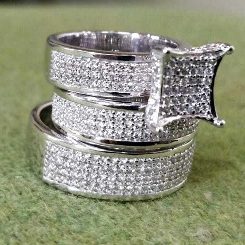 Diamond Trio His Her Engagement Ring Wedding Band Trio Ring Set 14k ...