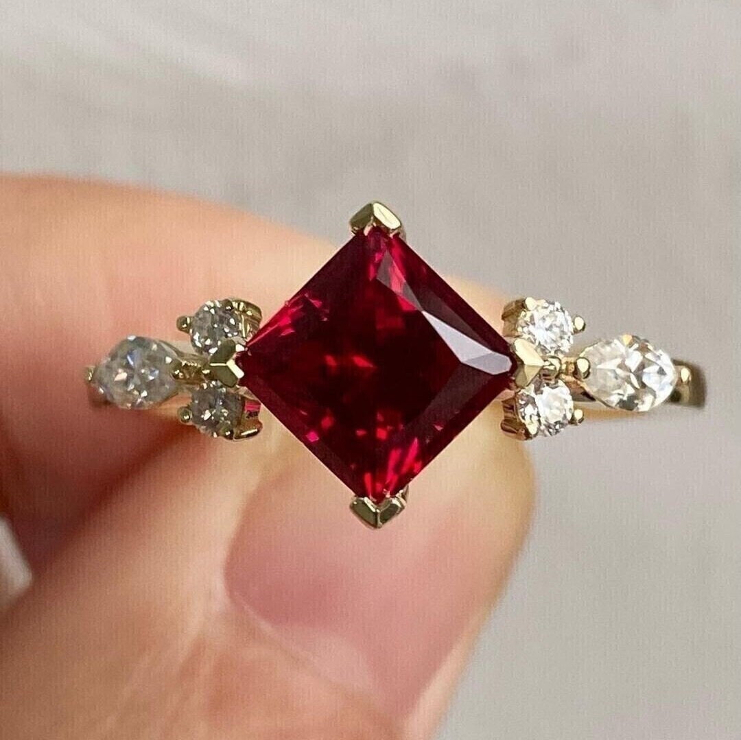 Princess Cut Ruby Wedding Ring in 14K Yellow Gold Finish/art - Etsy