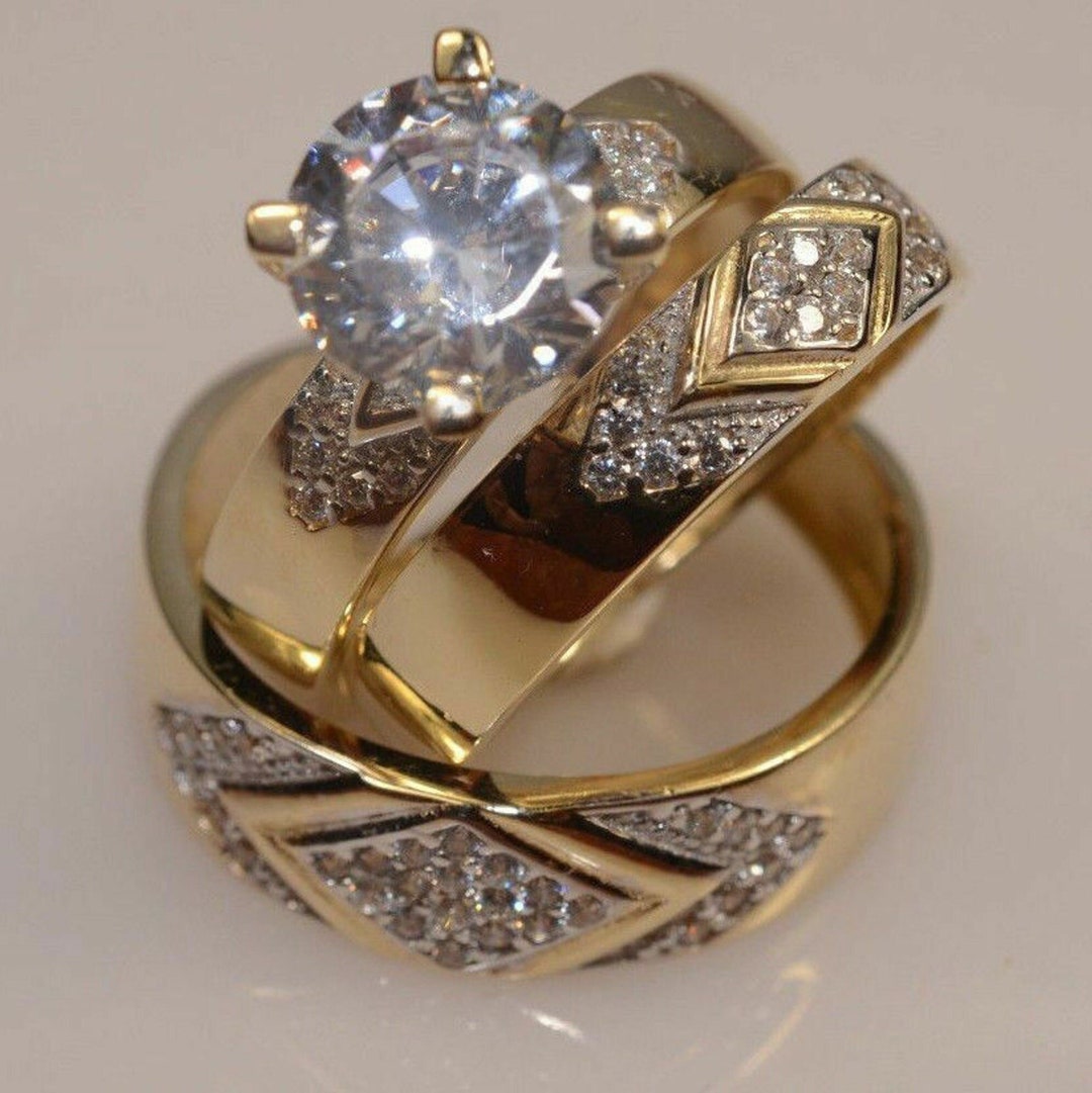 Bridal Wedding Band His Her Trio Ring Set/ Bride-groom Trio Ring Set ...