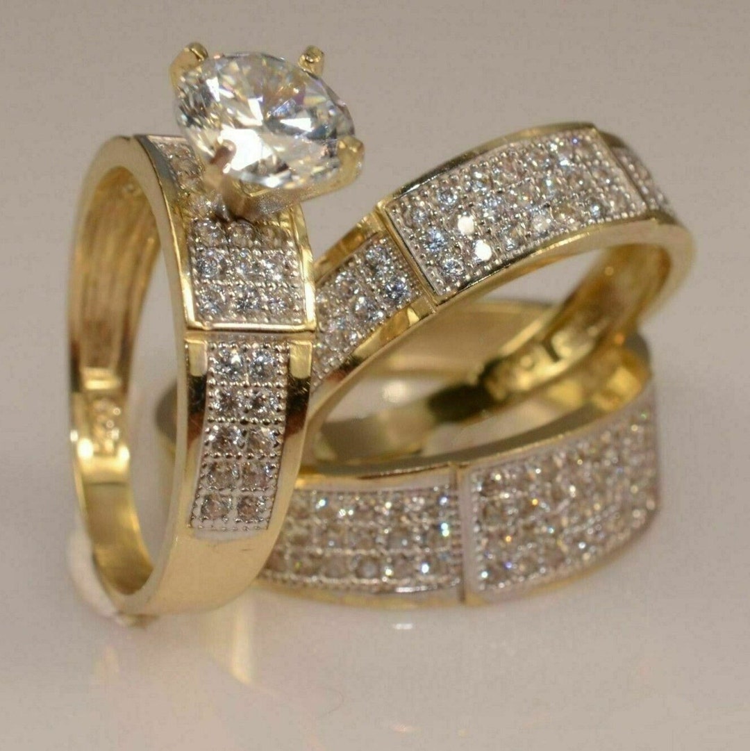 Lab Created Diamond Trio His Her Engagement Ring Set/wedding Band Trio ...