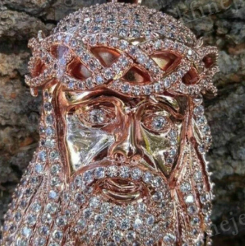 Iced Men's Jesus Face Pendant 14K Rose Gold Over, 2.30CT Round Cut ...