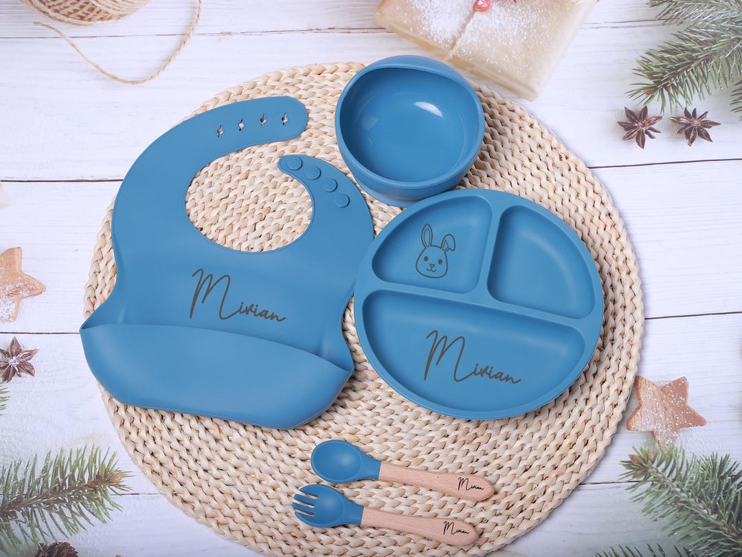 Custom Silicone Weaning Set for Babies Engraved Bib & Toddler Separator ...