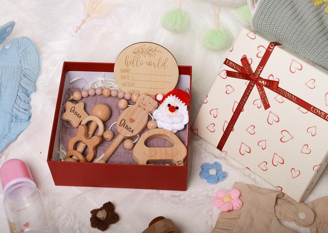 Customized Baby Gift Set,wooden Rattles, Pacifier Clip，bib for Newborns ...