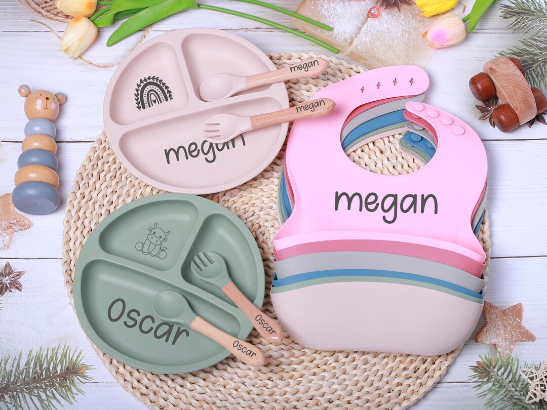 Engraved Silicone Baby Weaning Set Custom Toddler Feeding Plate & Bib ...