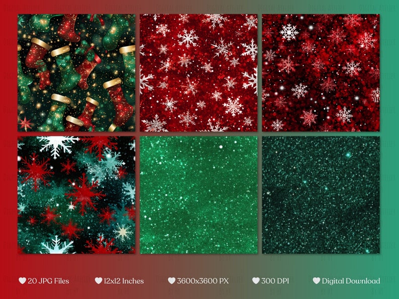 Seamless Christmas Glitter - Red and Green Digital Paper Pack. Digital ...