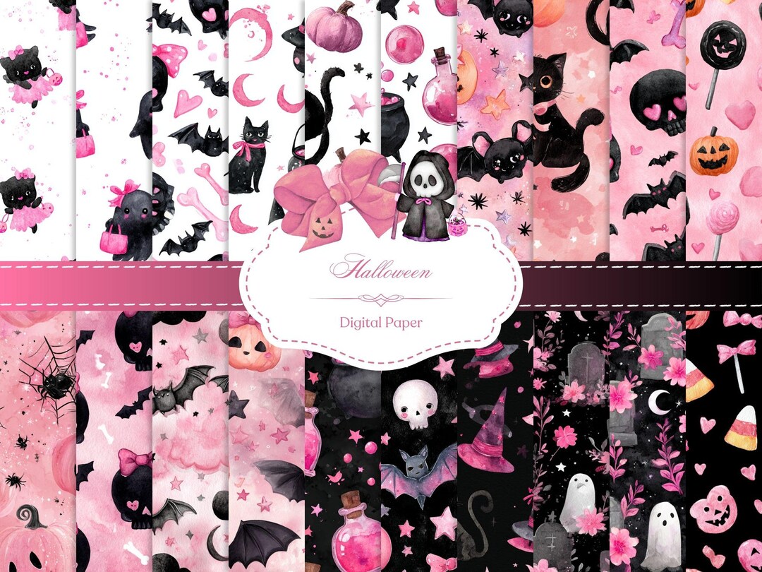Seamless Halloween Black & Pink Digital Paper Pack. Digital Download ...