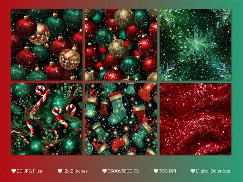 Seamless Christmas Glitter - Red and Green Digital Paper Pack. Digital ...
