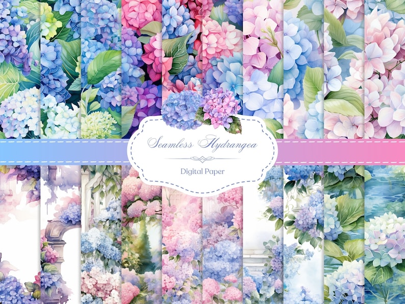 Seamless Hydrangea Digital Paper Pack. Blue and Pink. Digital Download ...
